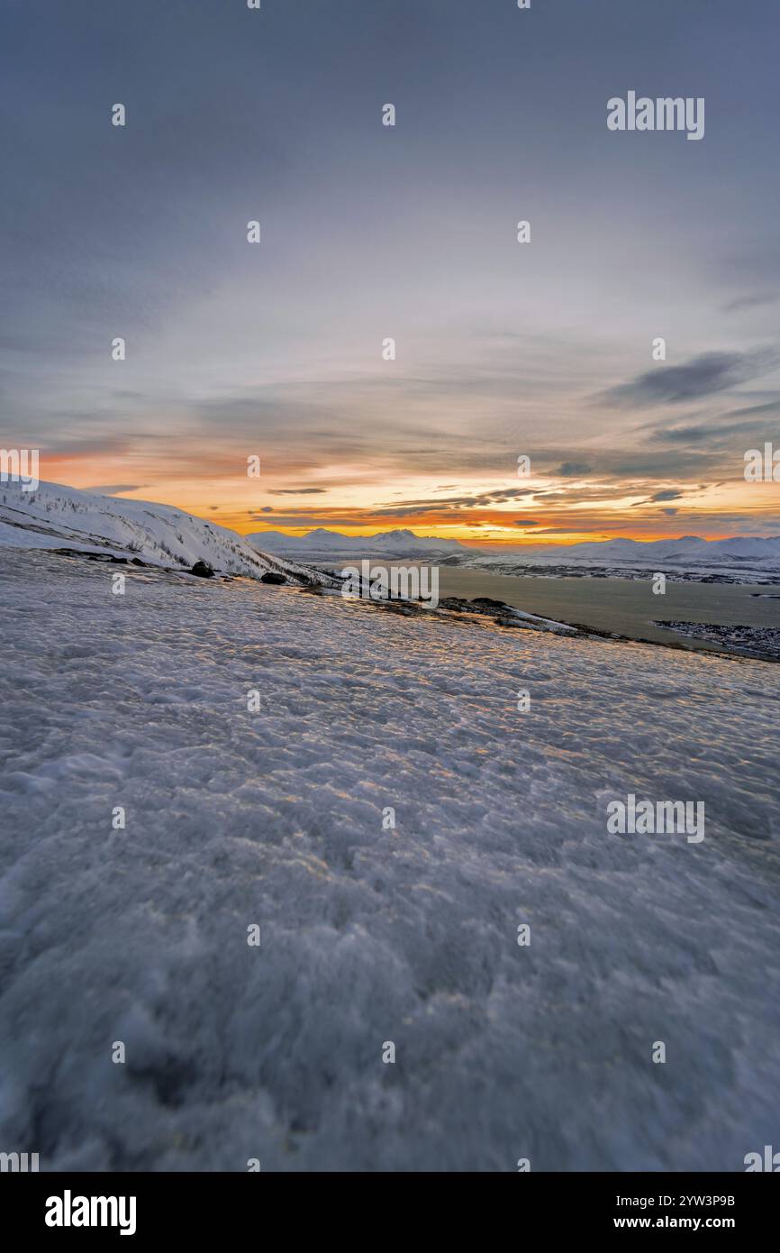 Winter view from Mount Storsteinen to the strait and the southern tip ...