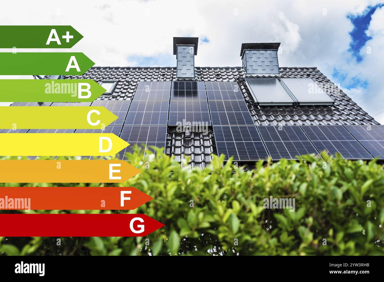 Scaffolding and solar panels on the roof of a detached house in Essen ...
