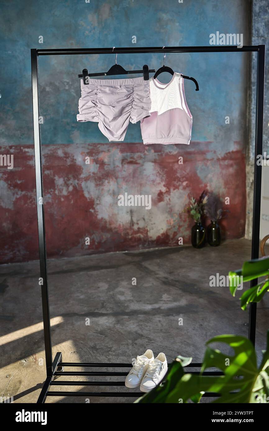 Pink Activewear Set on Clothing Rack Stock Photo - Alamy