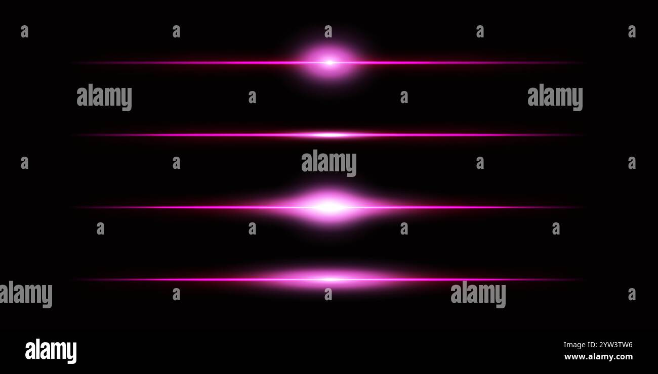 Pink laser beams isolated on a black background. Glowing stripes ...