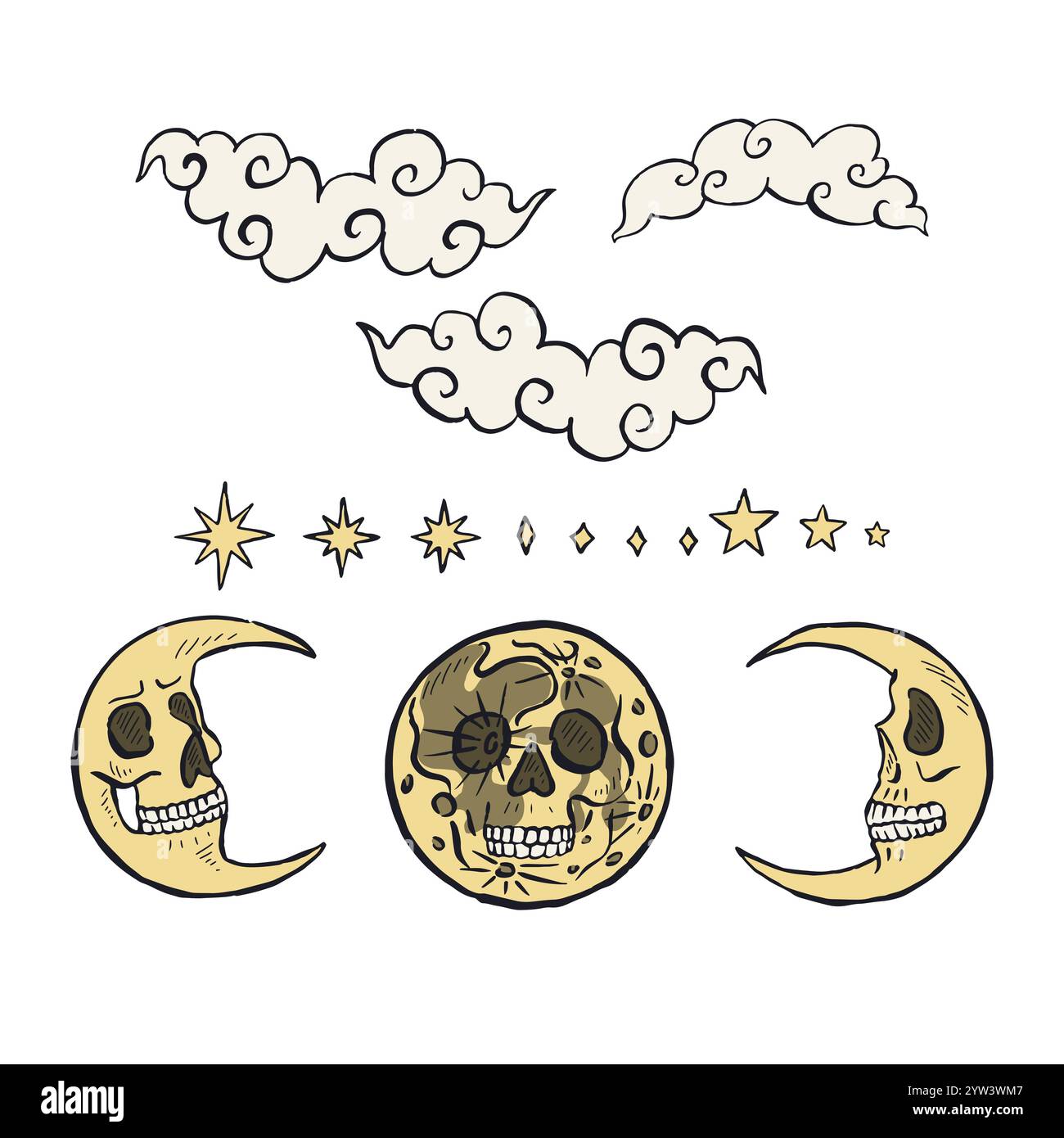Hand drawn sketchy moons with skull faces set isolated on black ...