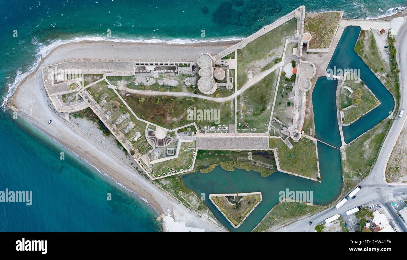 Aerial view of Rio (Rion) fortress near Patras Greece with pointed ...