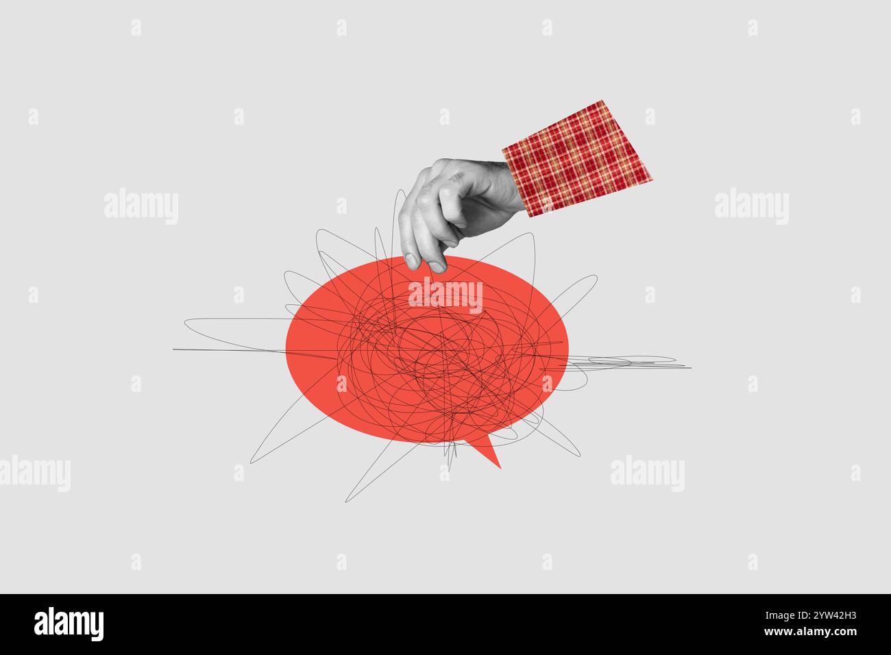 Composite photo collage of hand hold red bubble communication phrase ...