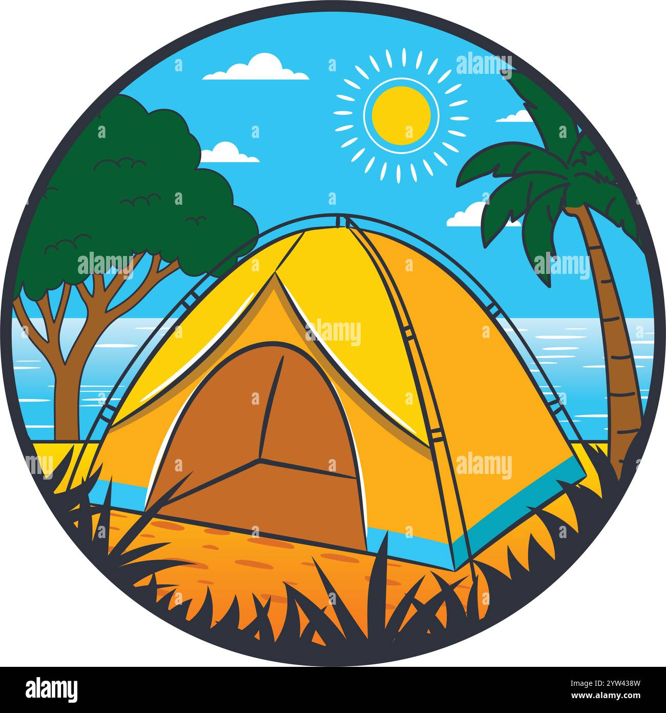 Camping tent at the beach vector badge with colorful cartoon ...