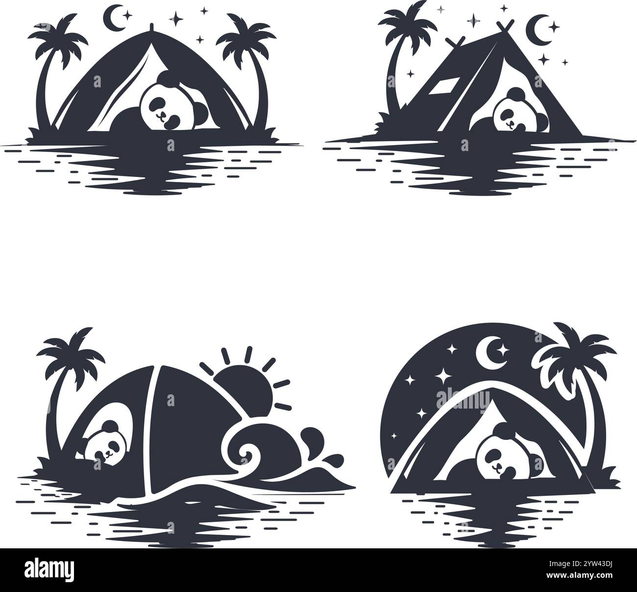 Beach camp logo or sign, silhouette of camping tent at the beach with ...