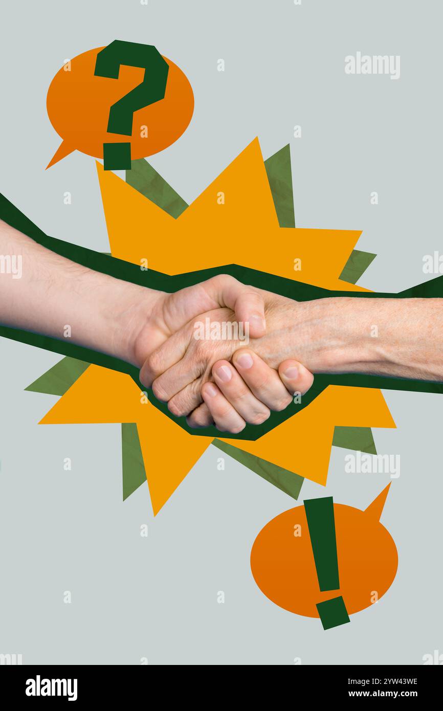 Vertical photo collage of business people handshake gesture cooperation ...
