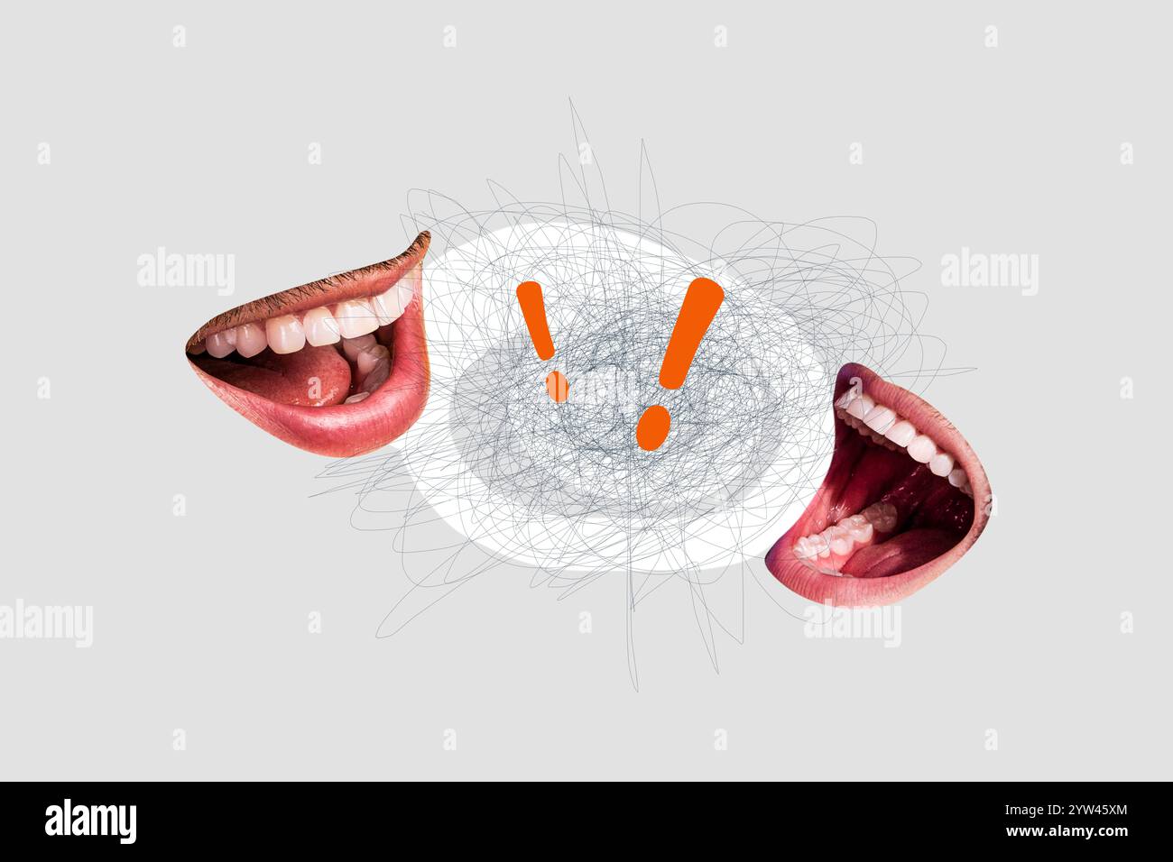 Composite photo collage of two faceless mouth speak together ...