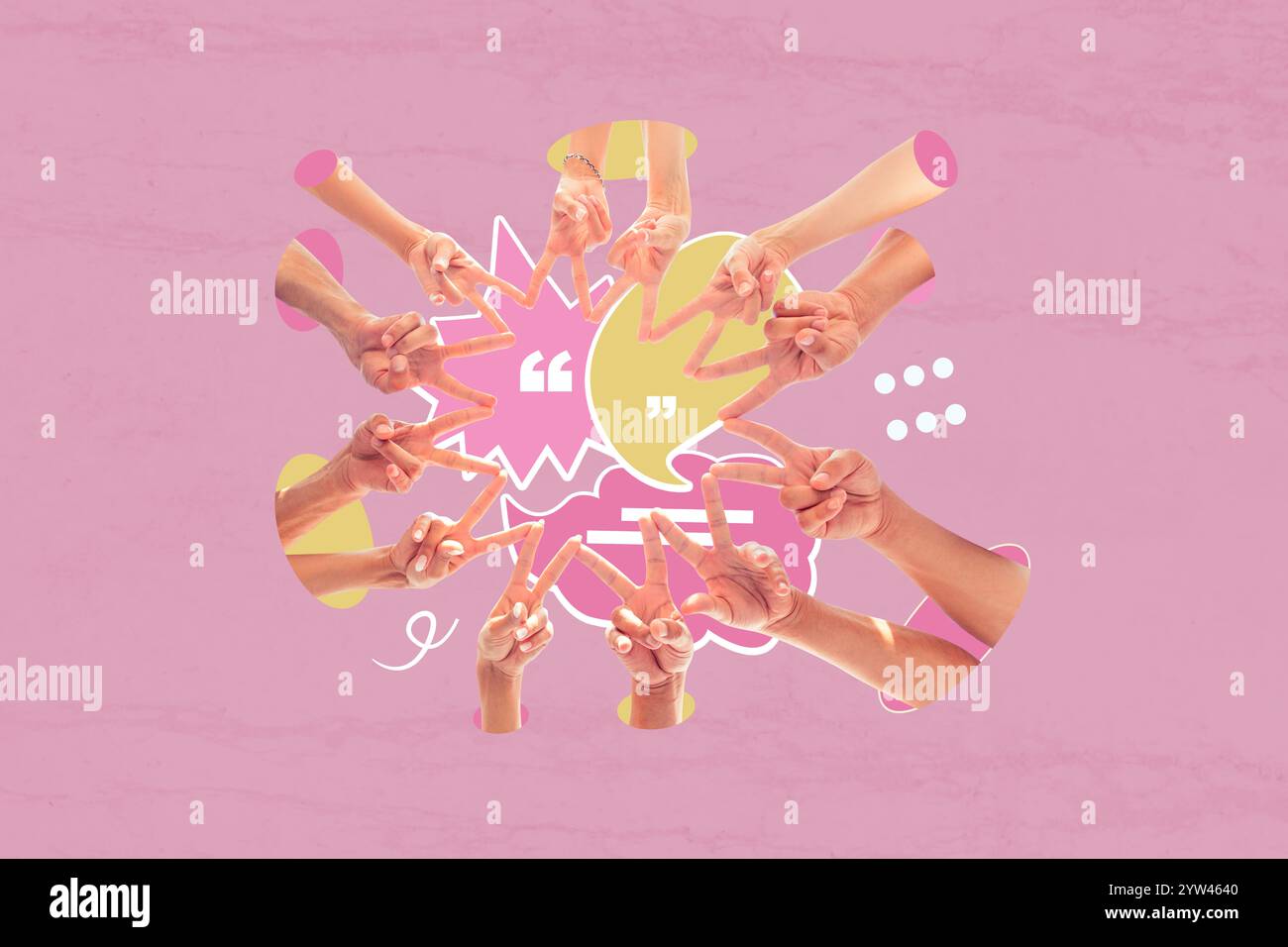 Composite creative art collage of crowd people hands show two fingers ...