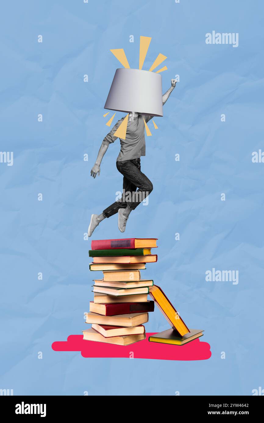 Vertical creative art collage of anonym man jump book stack education ...