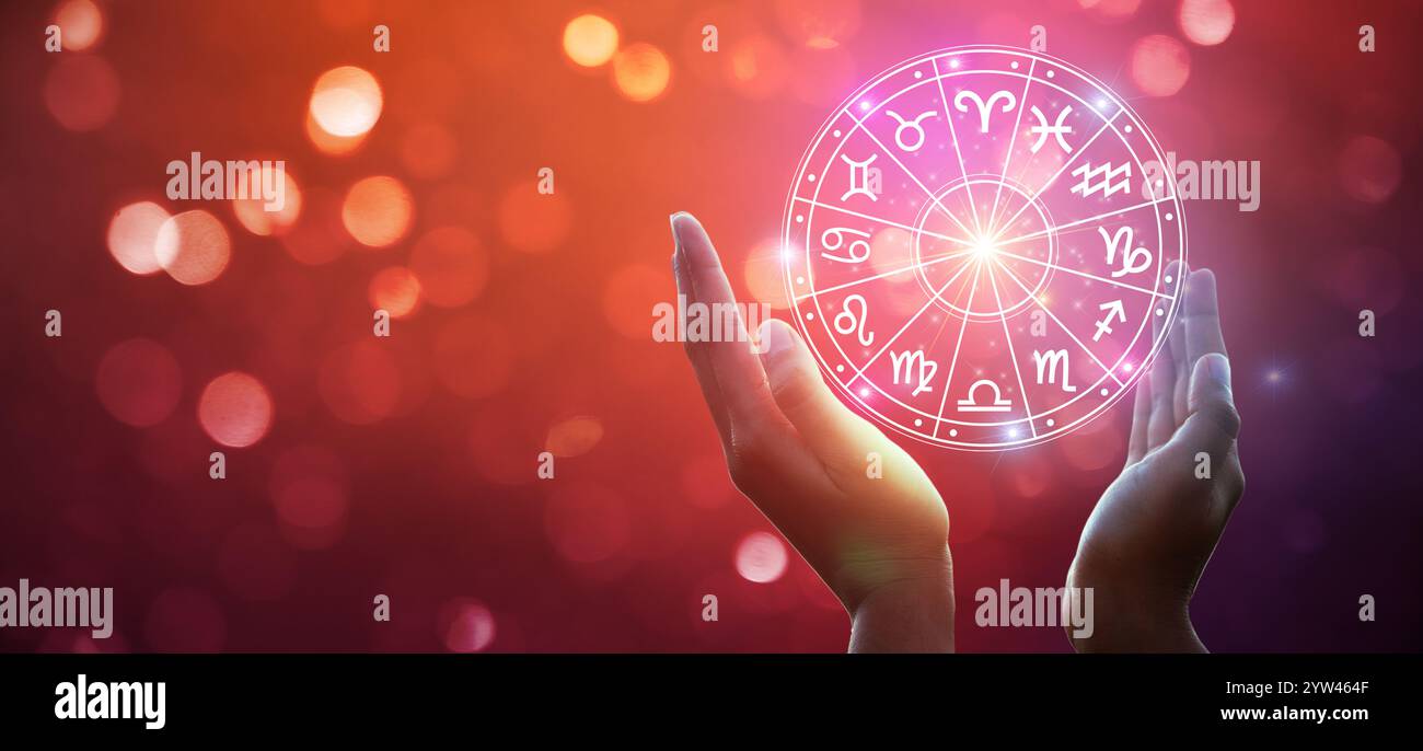 Zodiac signs inside of horoscope circle. Astrology in the sky with many ...