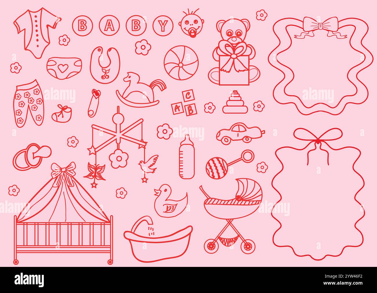 Collection Whimsical coquette outline hand drawn set of newborn boy ...