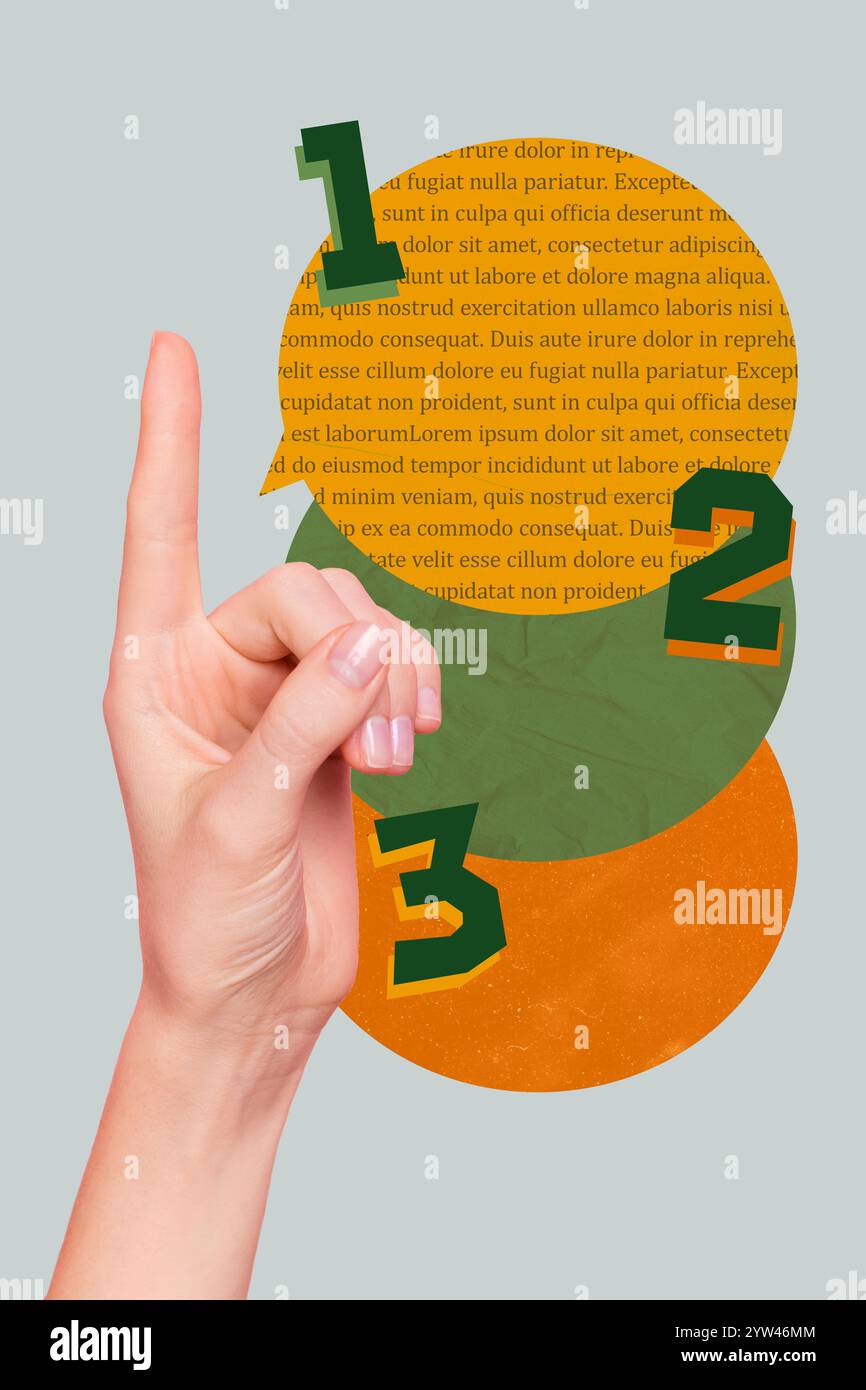 Vertical photo collage of hand point bubble communication count number ...