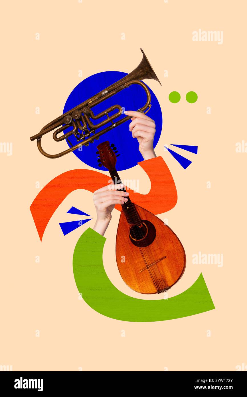 Vertical banner creative collage poster of hands hold retro guitar ...