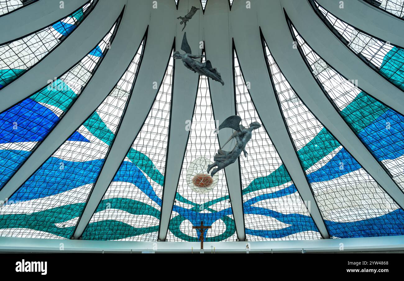 Metal statues of angels hanging from the dome ceiling inside Brasilia´s ...