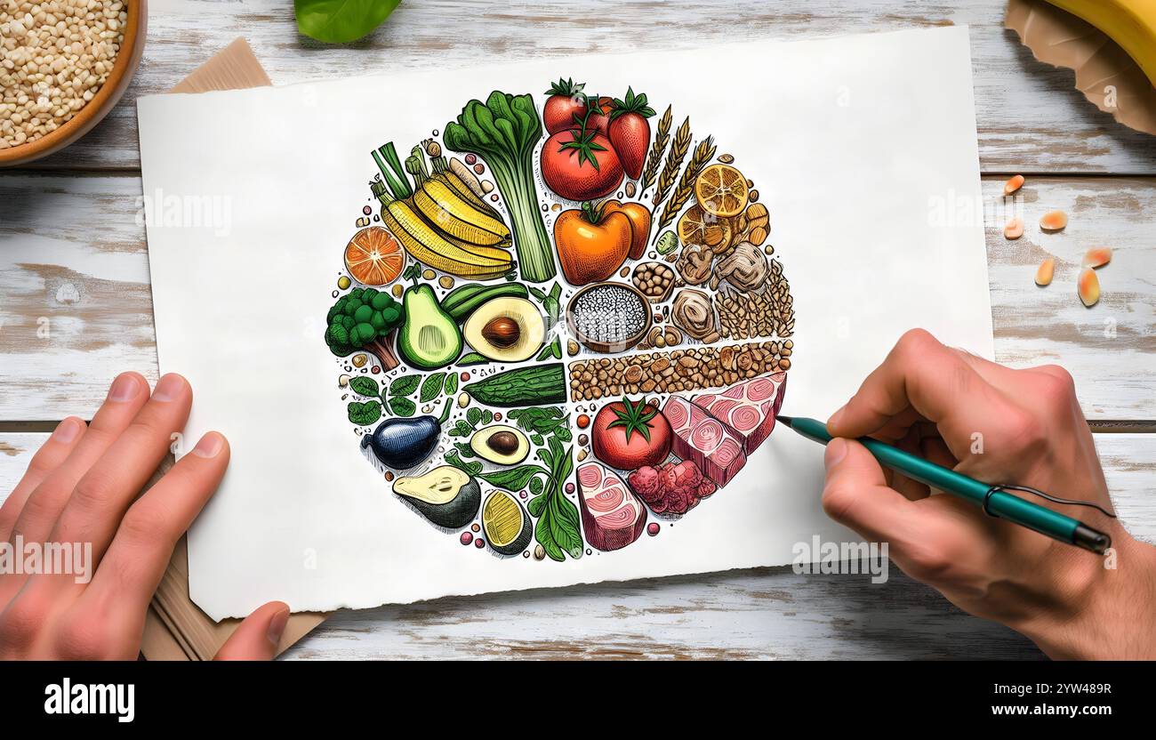 The picture shows the hands of a person drawing their own diet. The ...