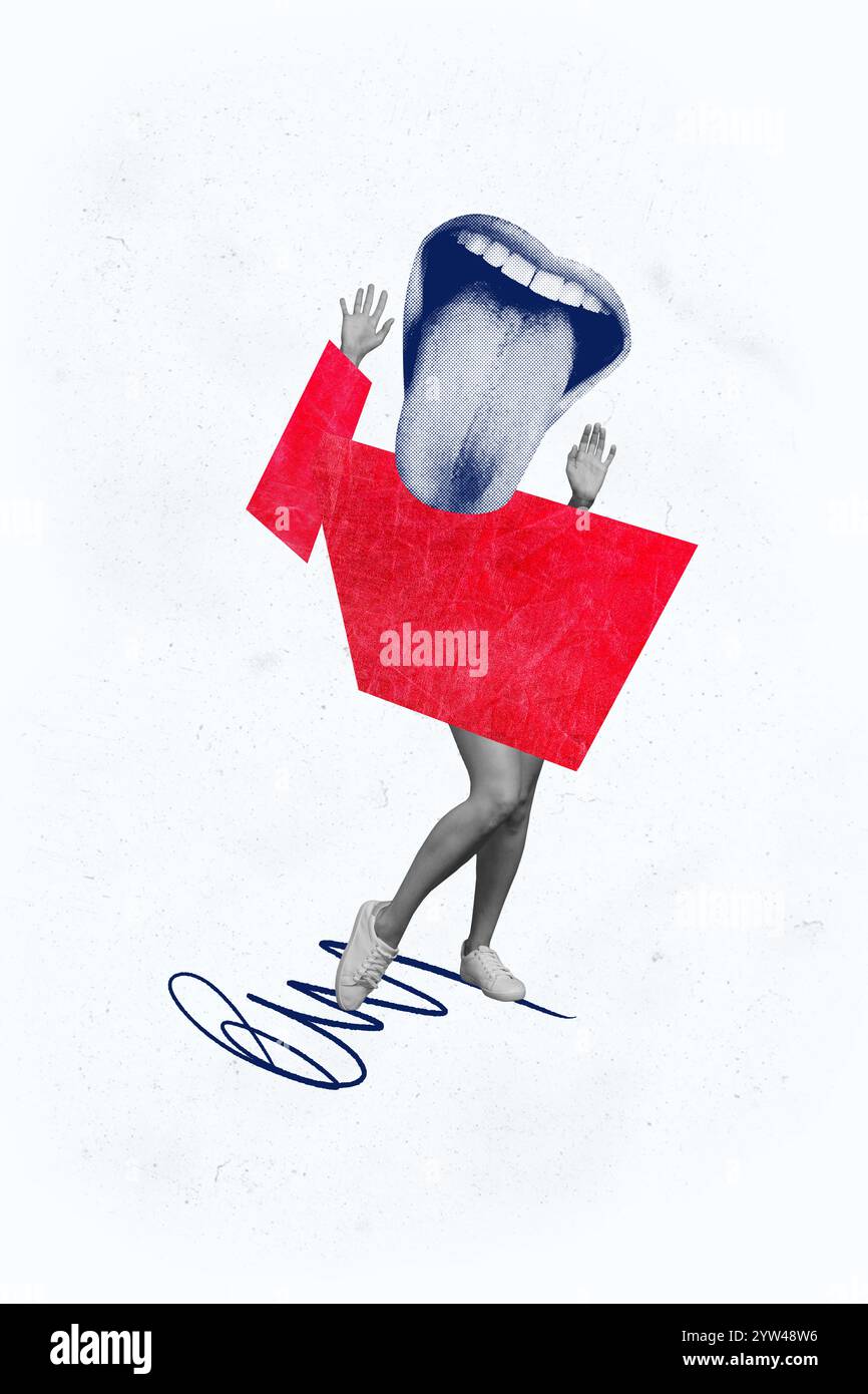 Vertical photo collage of anonym girl mocking instead head mouth show ...