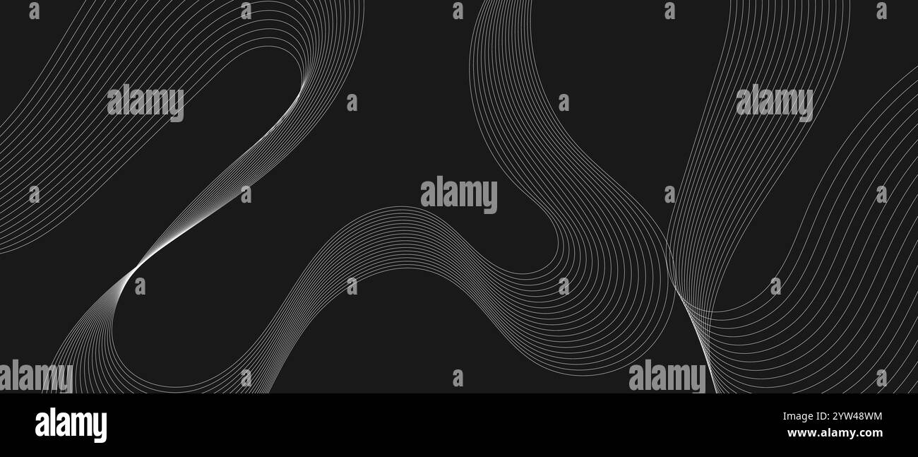 Abstract black background with flowing white curved lines creating a wave effect. Vector ...