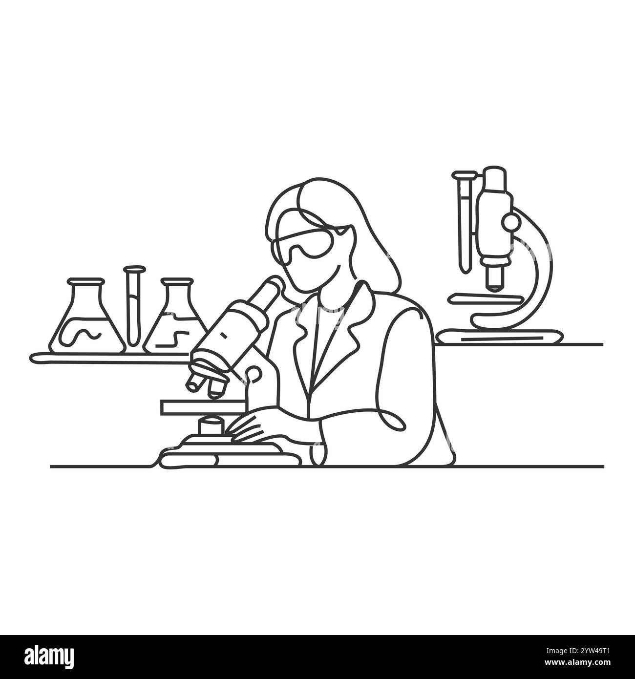 One line drawing of scientist working using microscope. Research and science concept - line art ...