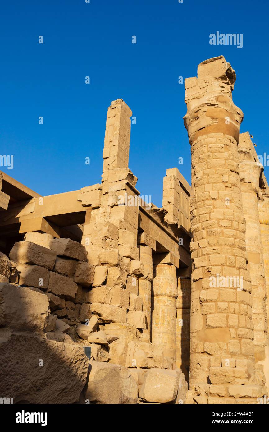 Columns decorated with hieroglyphs, in the Great Hypostyle Hall, Amun ...