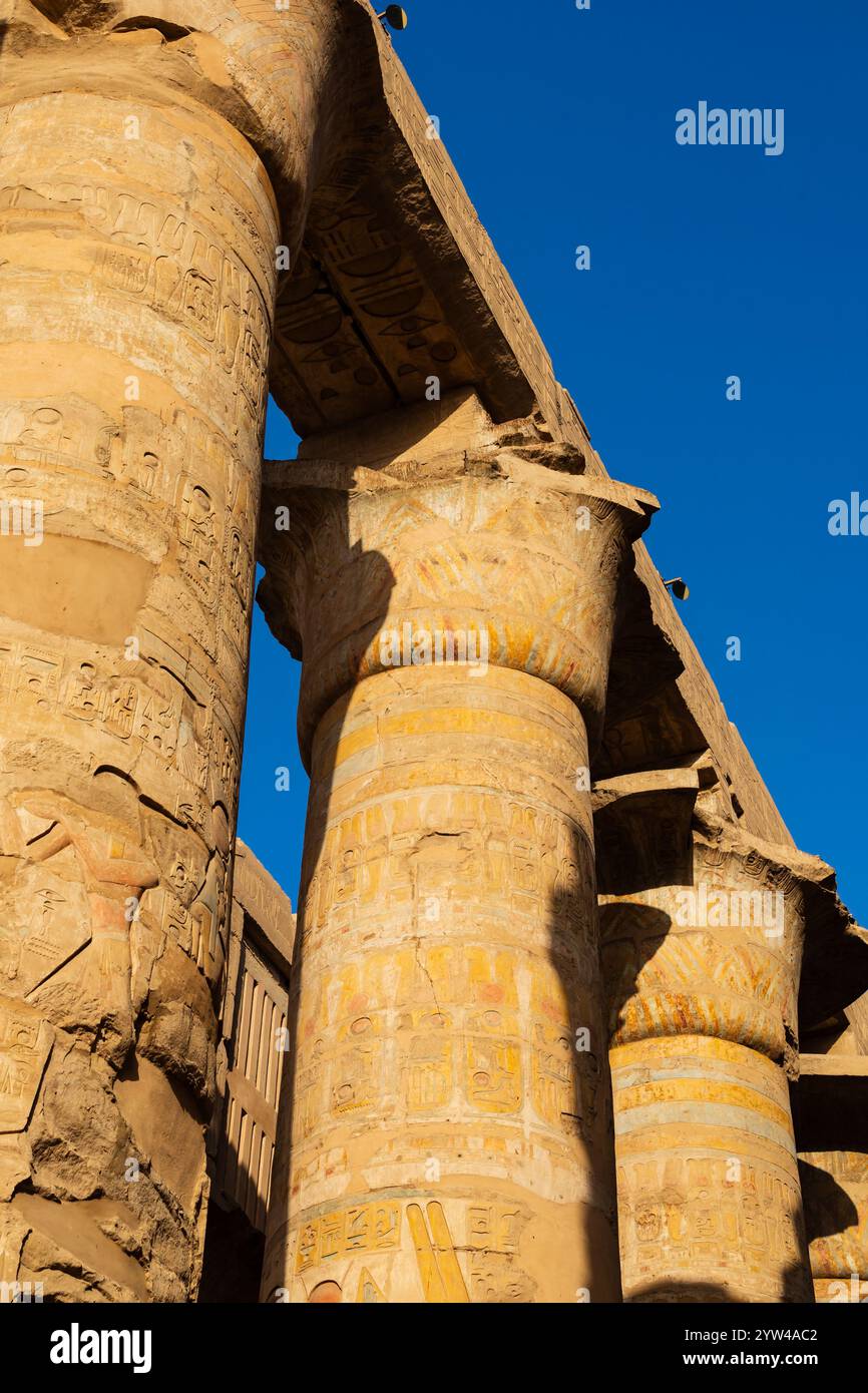 Columns decorated with hieroglyphs, in the Great Hypostyle Hall, Amun ...