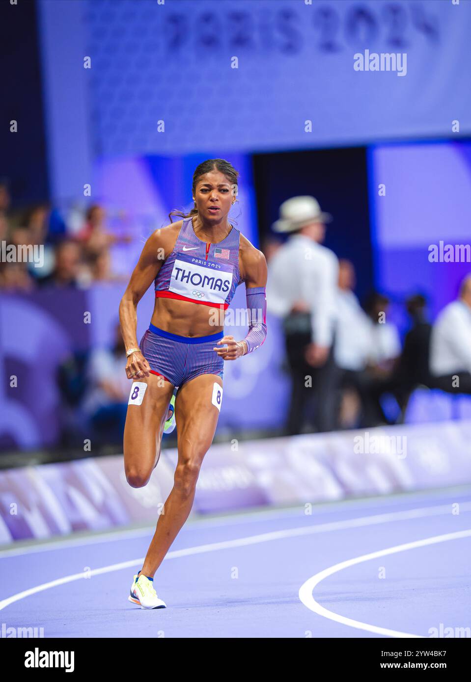 Gabrielle Thomas participating in the 200 meters at the Paris 2024 ...