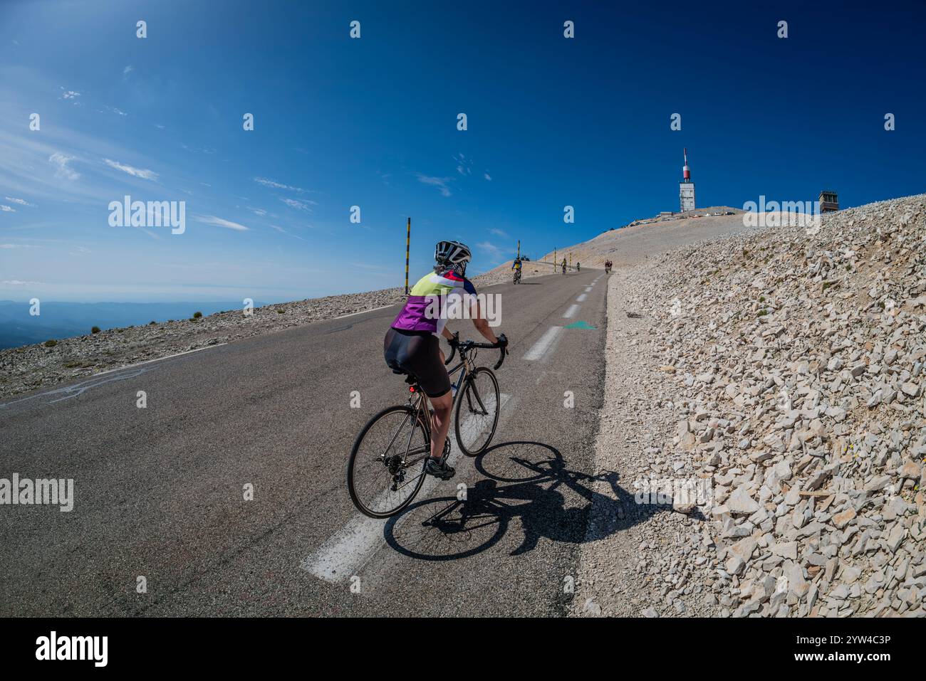 Female road cyclist climbing Mont Ventoux, Provence, France Stock Photo ...