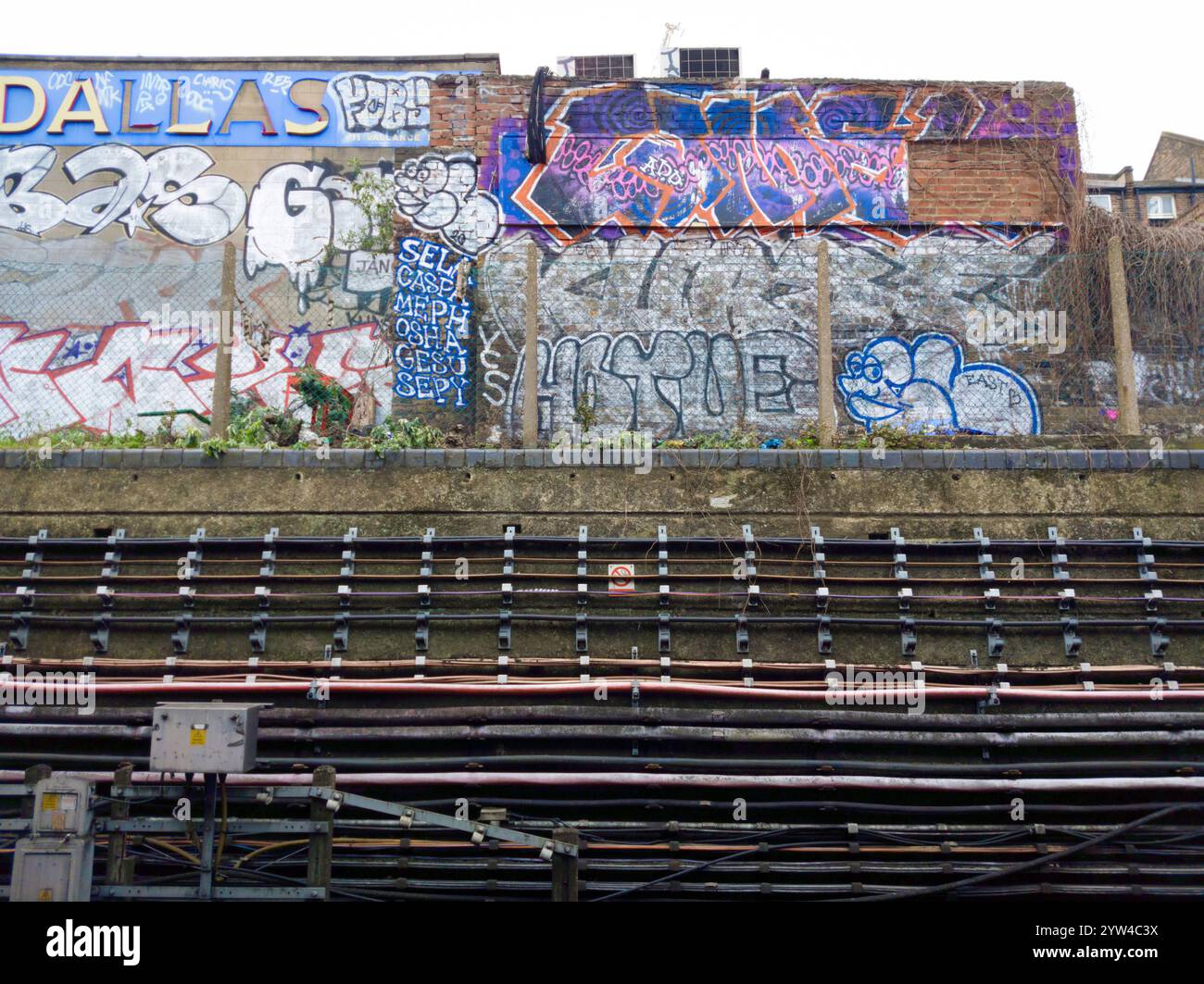 Graffiti on wall of brick building by side of railway track in South ...