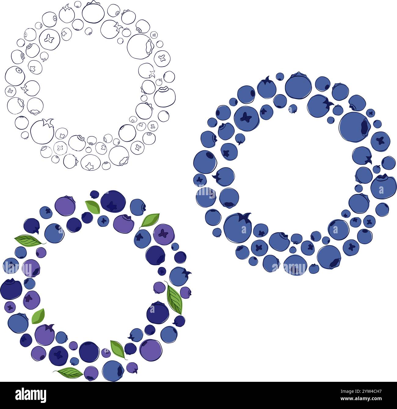Fresh berries circle round frame set. Vector templates of graphic line ...