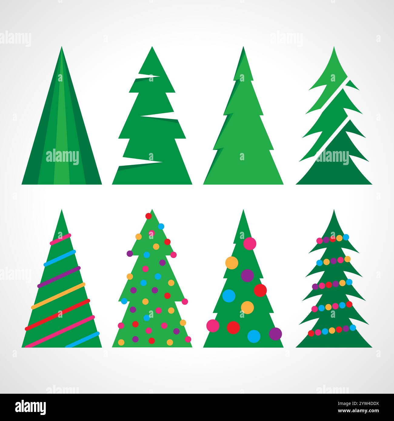 Set of eight Christmas tree with Christmas balls and decorations ...