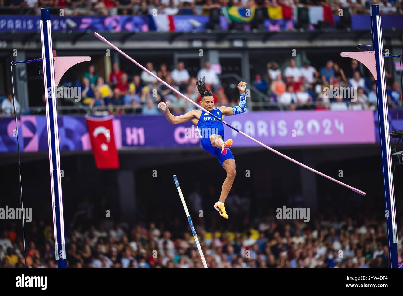 Emmanuíl Karalís participating in the pole vault at the Paris 2024 ...