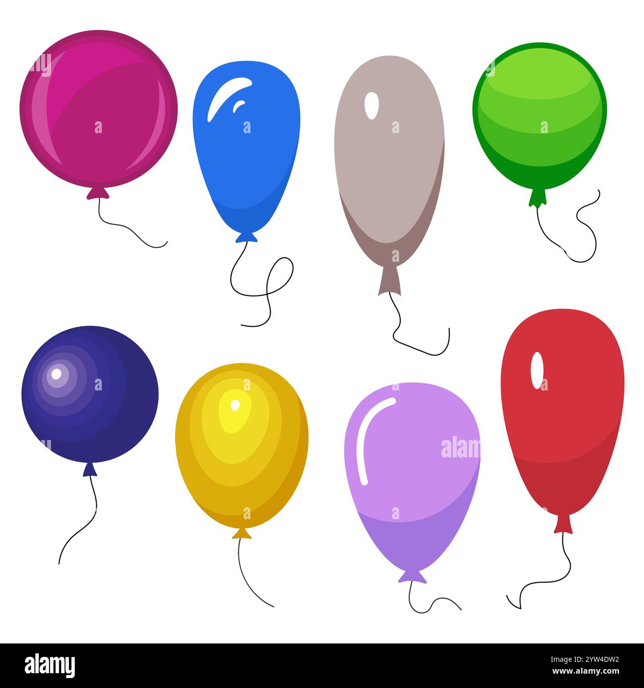 Set of eight colorful balloons with a string isolated on white ...