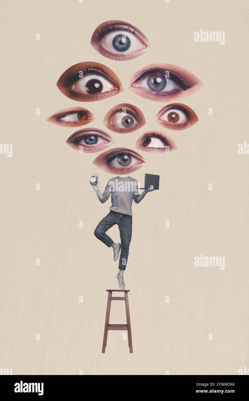 Vertical art banner collage of anonym man stand one leg stool hold ...