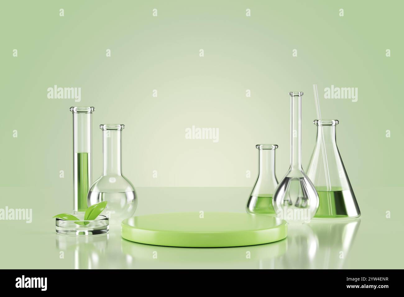 Lab glass setting with green podium display and eco experiment concept ...