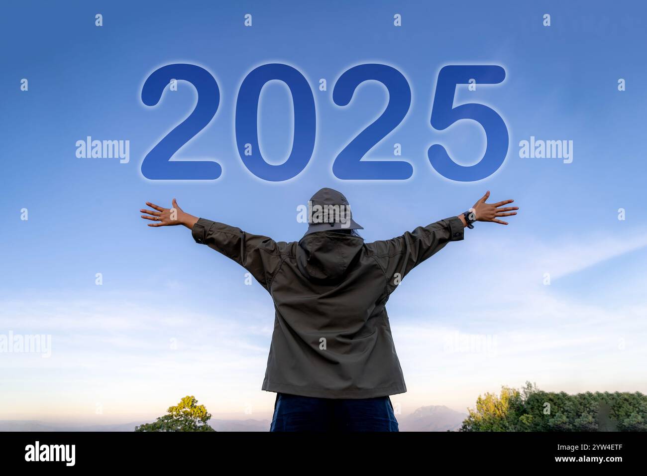 New year 2025, Start a new year. People with sunset sky and Text 2025 ...
