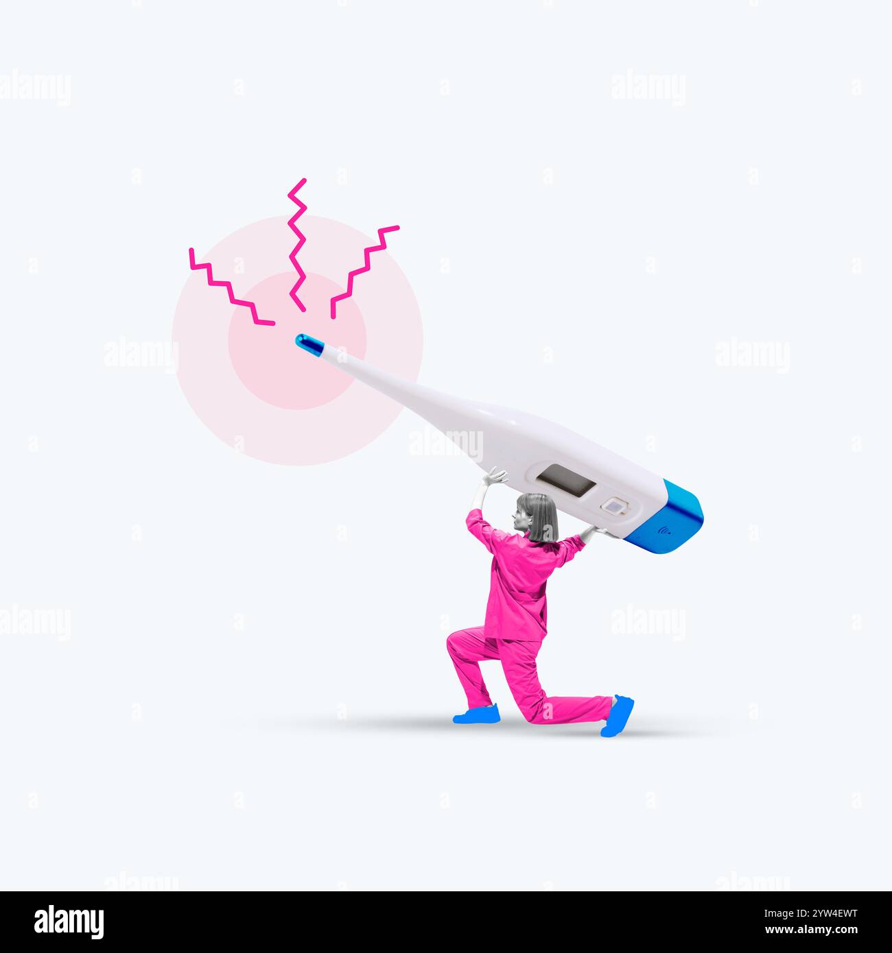 Contemporary art collage. Person in pink struggles to hold massive ...