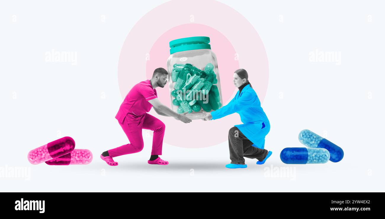 Contemporary art collage. Two people collaborate to lift jar filled with capsules, portraying ...