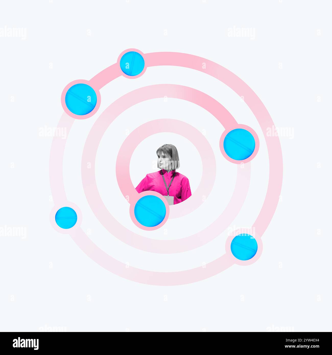 Contemporary art collage. Doctor surrounded by blue pill-like orbs in ...