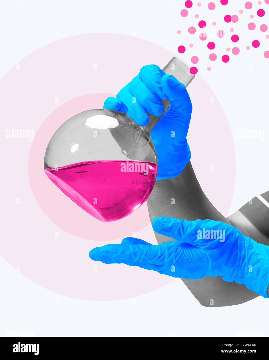 Contemporary art collage. Gloved hands hold flask of pink liquid ...