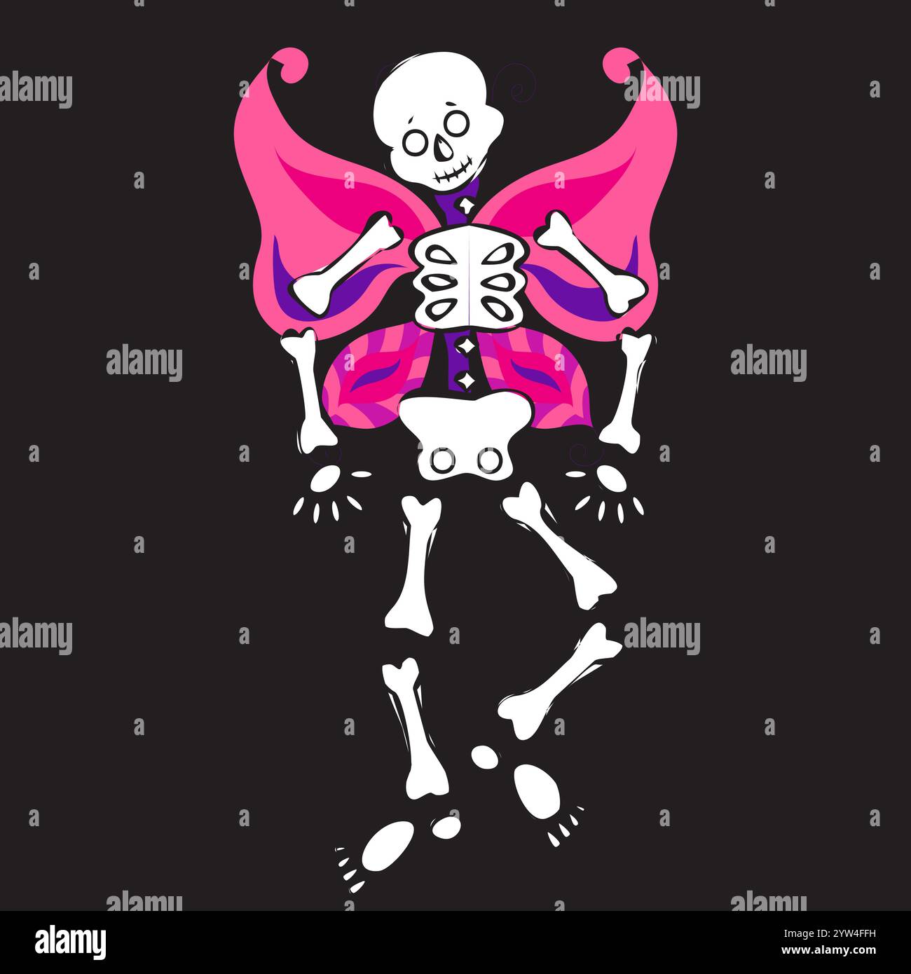 Skeleton with butterfly wings on a black background. Vector ...
