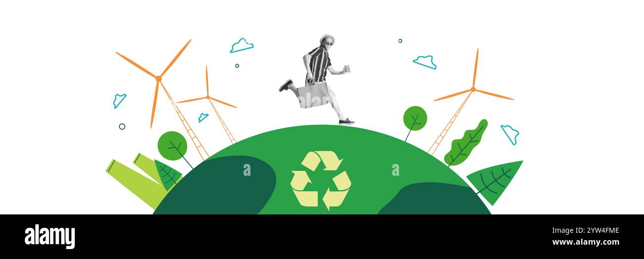 Man running across hill with wind turbines and recycling symbols ...