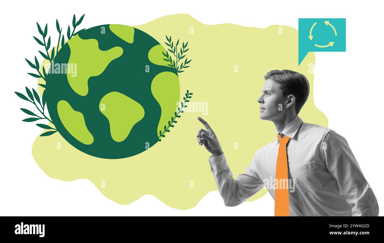 Man pointing towards green Earth, symbolizing responsibility ...