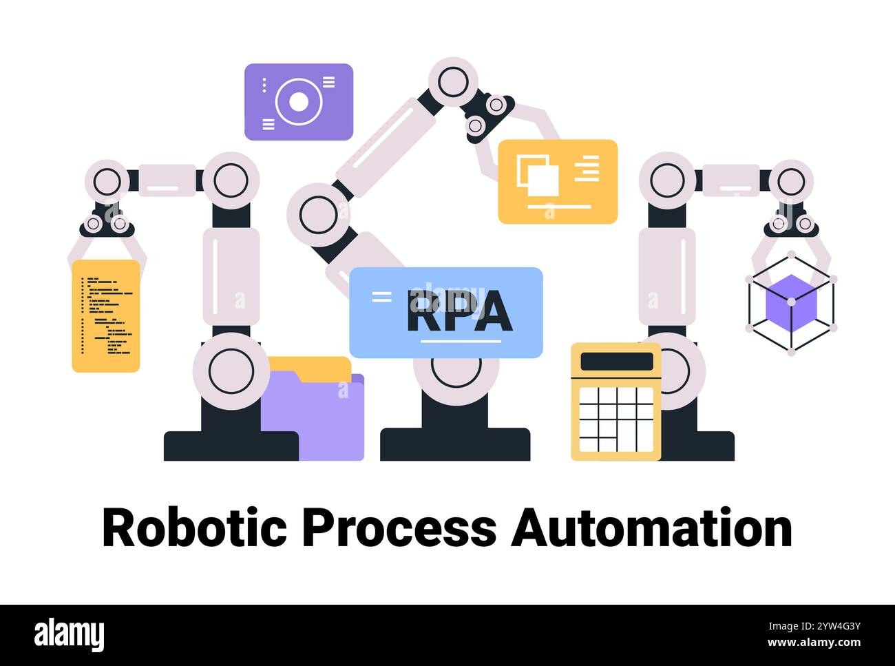 Robotic process automation concept with robotic arms interacting with ...