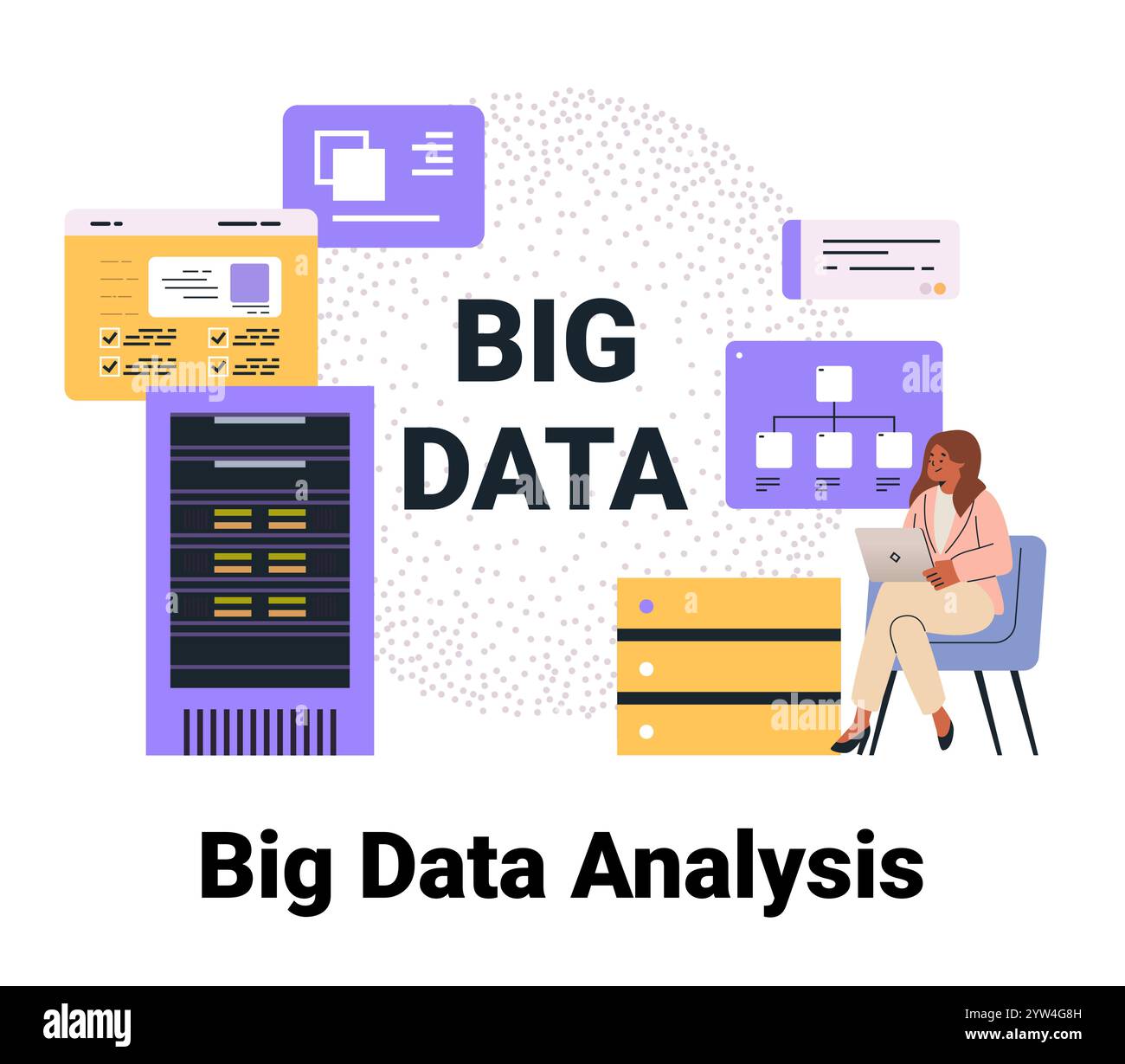 Big Data Analysis concept with server woman working on laptop data ...