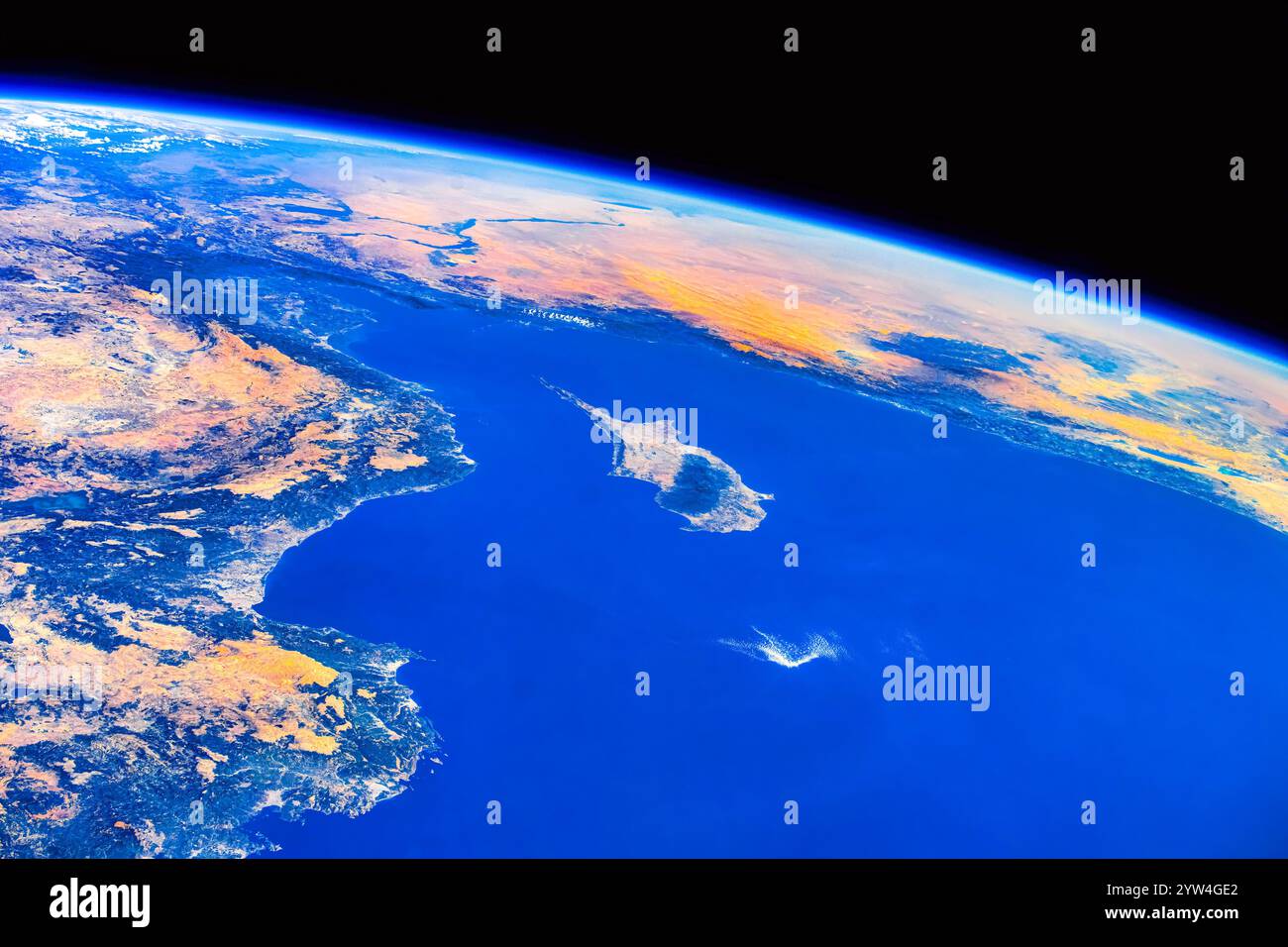 Mediterranean Sea. Planet Earth horizon seen from space. Digital ...