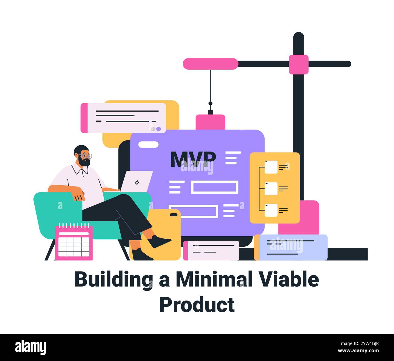 MVP development concept man with laptop colorful elements crane office ...