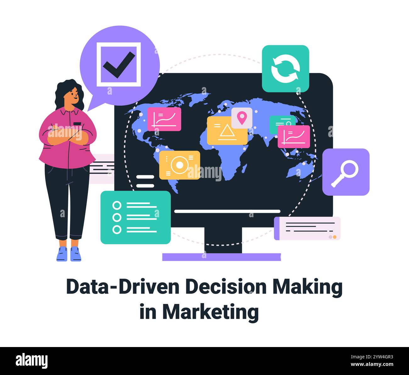Data Driven Marketing Concept Woman Analyzing Global Map With Charts Icons Colorful Design