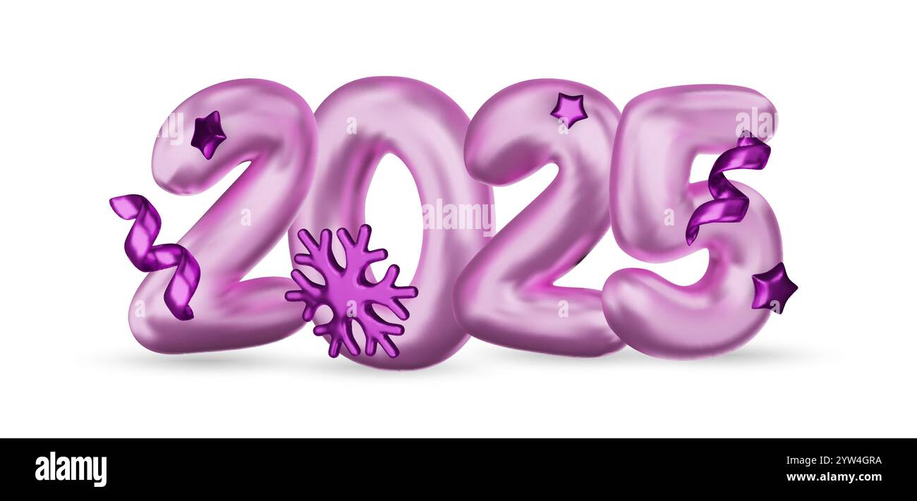 Realistic 2025 purple numbers and festive confetti on black background ...