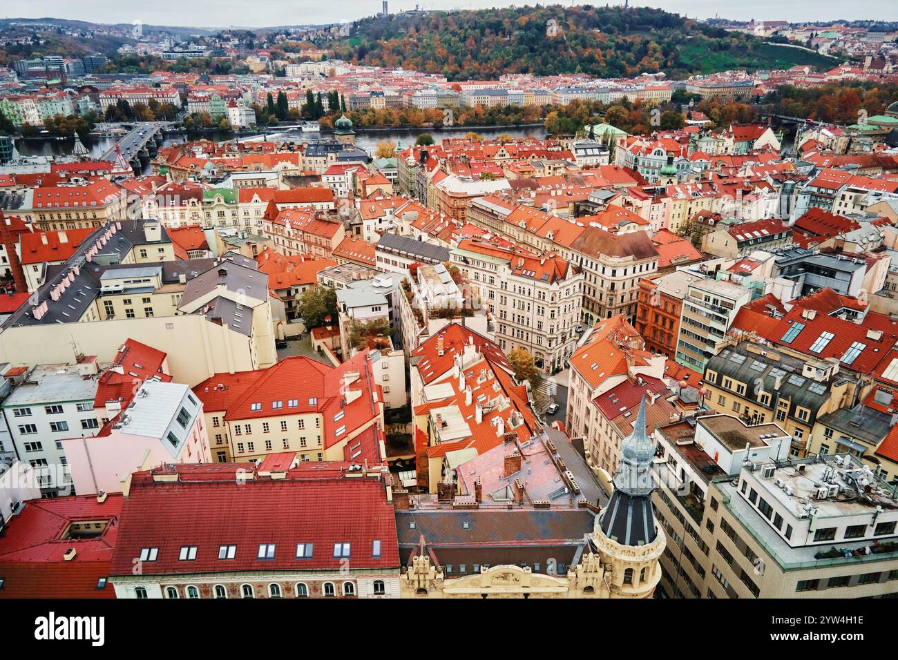 Prague architecture, aerial view. Historical buildings with red roofs ...