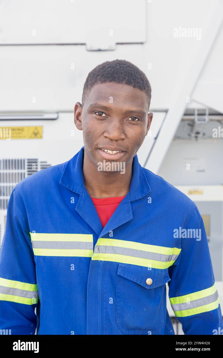 portrait of single african man worker industrial setting outdoors in ...
