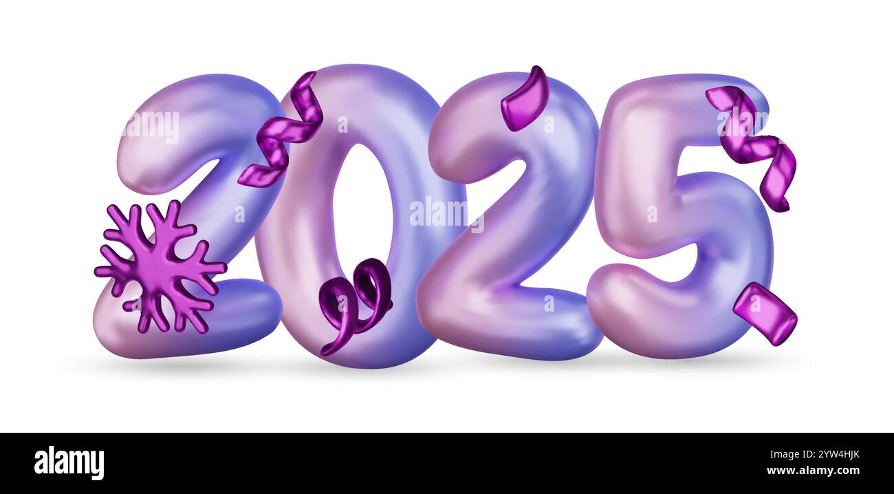 Realistic 2025 purple numbers and festive confetti on black background ...